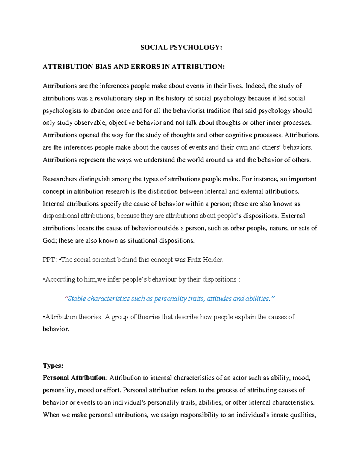 Social Psychology - SOCIAL PSYCHOLOGY: ATTRIBUTION BIAS AND ERRORS IN ...