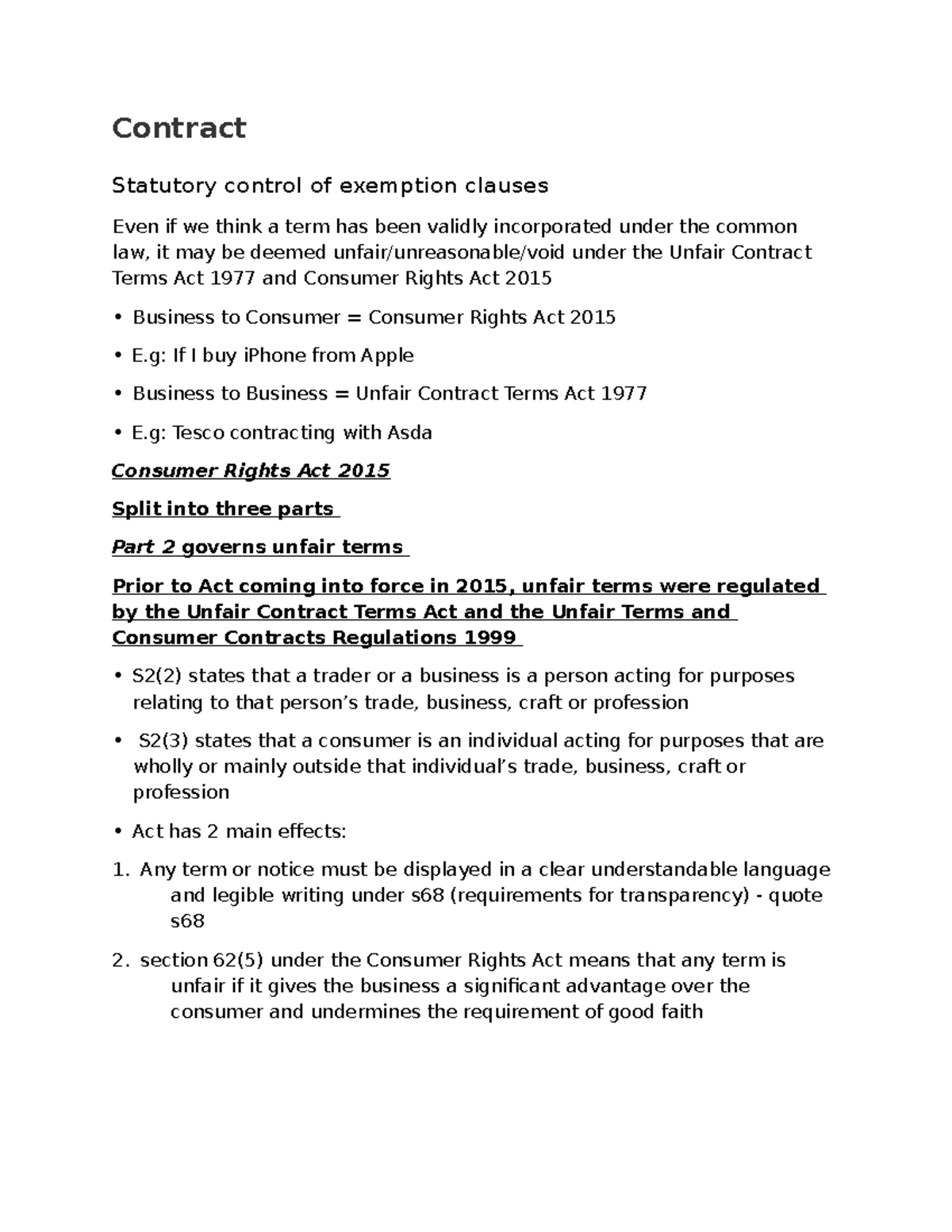 Contract Notes 9 - Contract Statutory control of exemption clauses Even ...