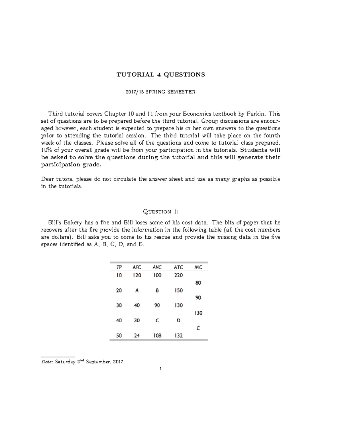 Tutorial 4 Questions W Answers Tutorial 4 Questions 2017 18 Spring Semester Third Tutorial