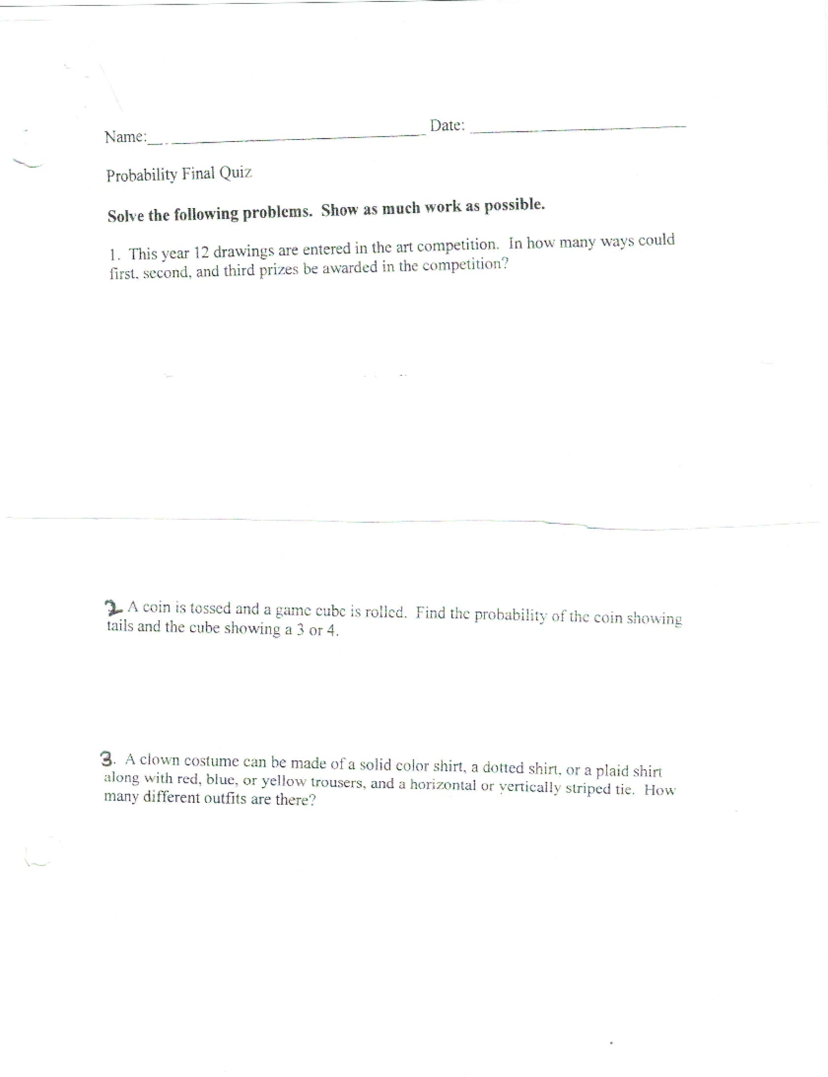 7A Probability Quiz - Date: Name: Probability Final Quiz Solve the ...