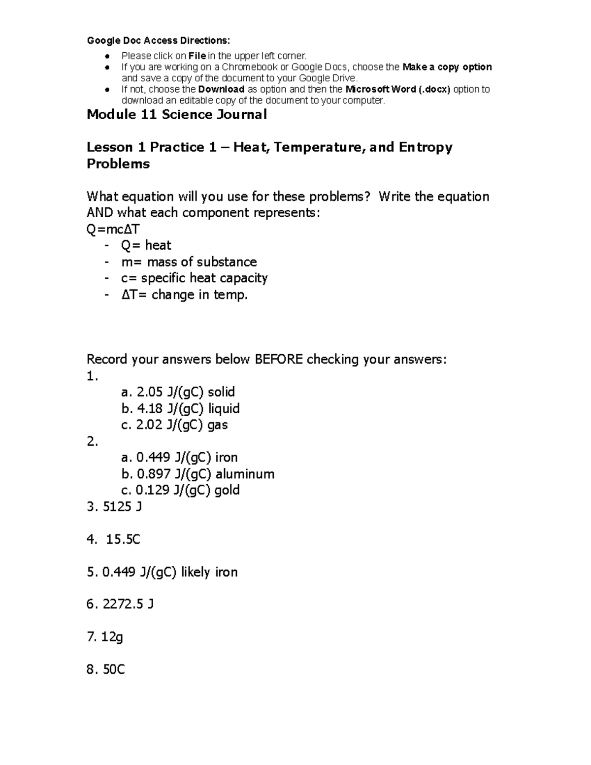 Module Eleven Science Journal - Google Doc Access Directions: Please ...