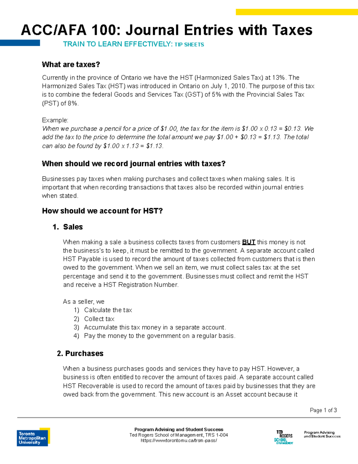 AFA100 Journal Entries with Taxes S S23 - ACC/AFA 100: Journal Entries ...