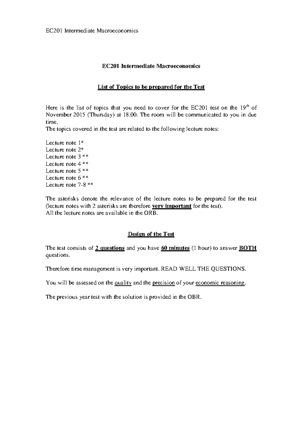 EC201 Test topics and design - EC201 Intermediate Macroeconomics EC201 ...