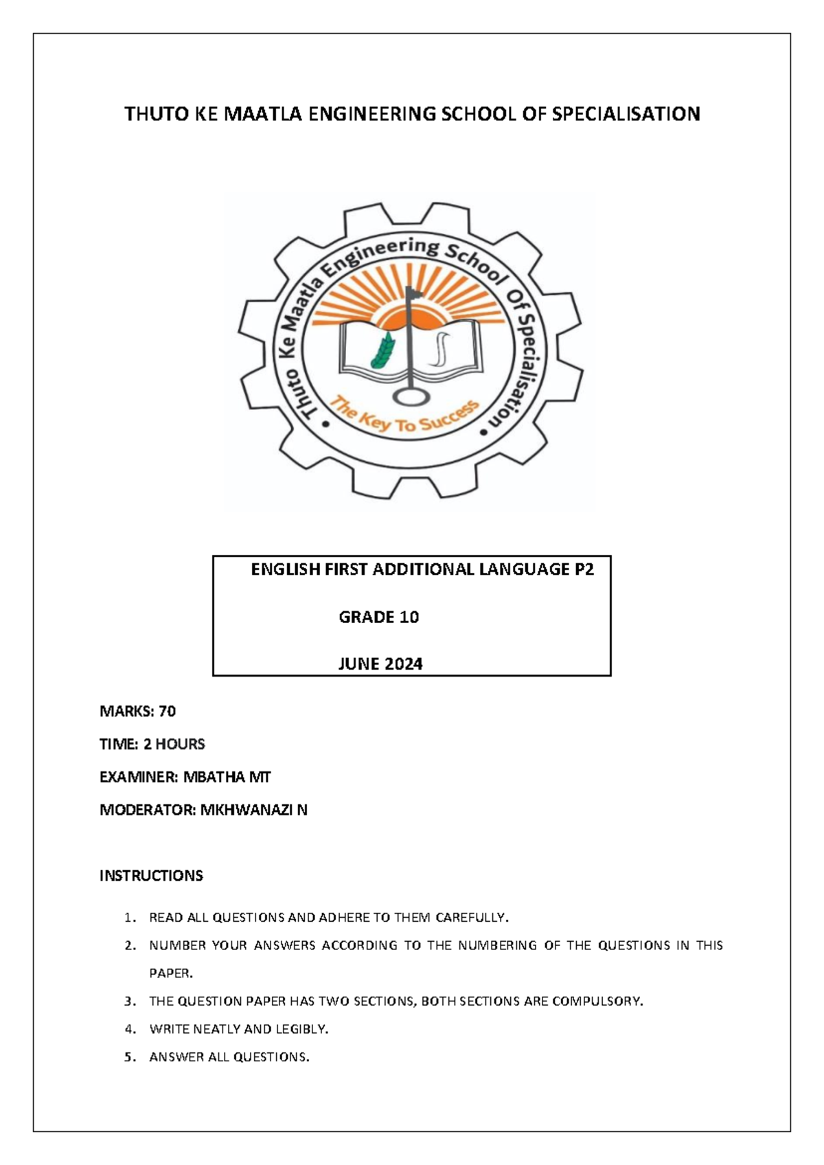 Grade 10 English Paper 2 JUNE Question Paper - THUTO KE MAATLA ...