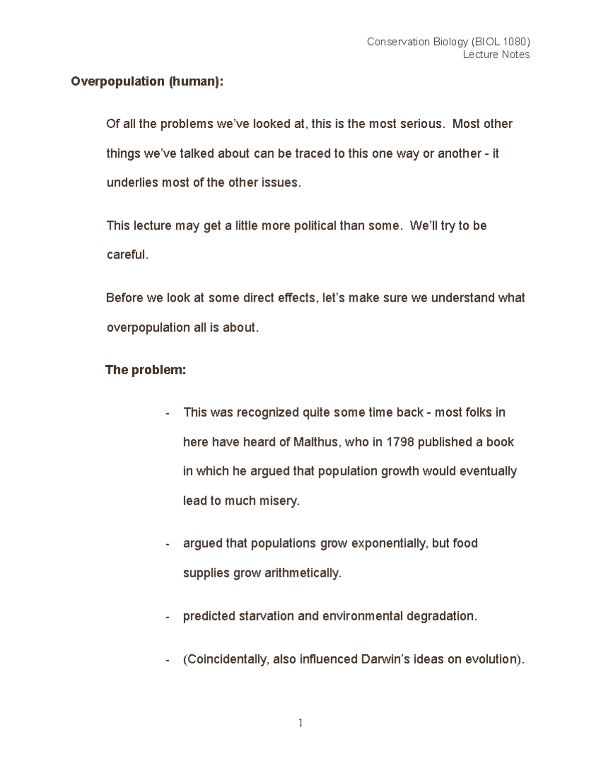 2021 BIOL 1080 Conservation Biology Lecure Notes Overpopulation ...