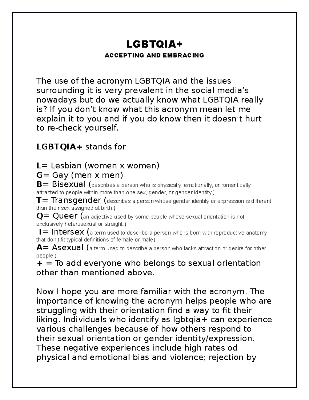 Lgbtqia+ - LGBTQIA+ ACCEPTING AND EMBRACING The use of the acronym ...