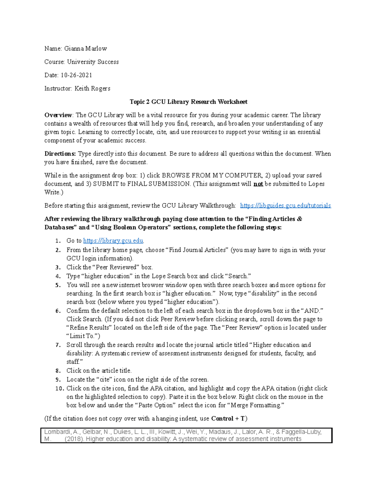 Topic 2 Library Research assignment- GCULibrary - UNV 104 - GCU - Studocu