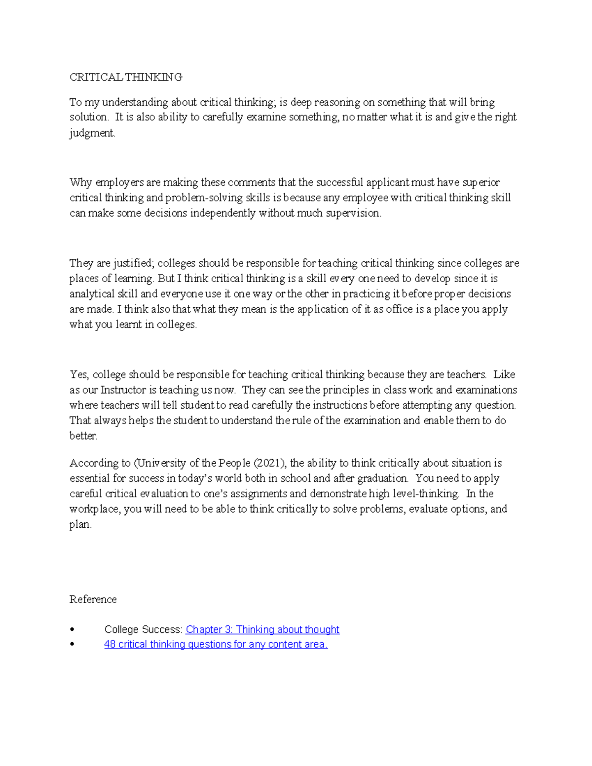 Learning Journal on critical thinking - Bus 1102 - UoPeople - Studocu