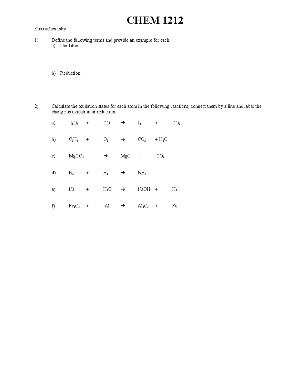 Electrochemistry - CHEM 1212 - CHEM 1212 Elecrochemistry Define the ...