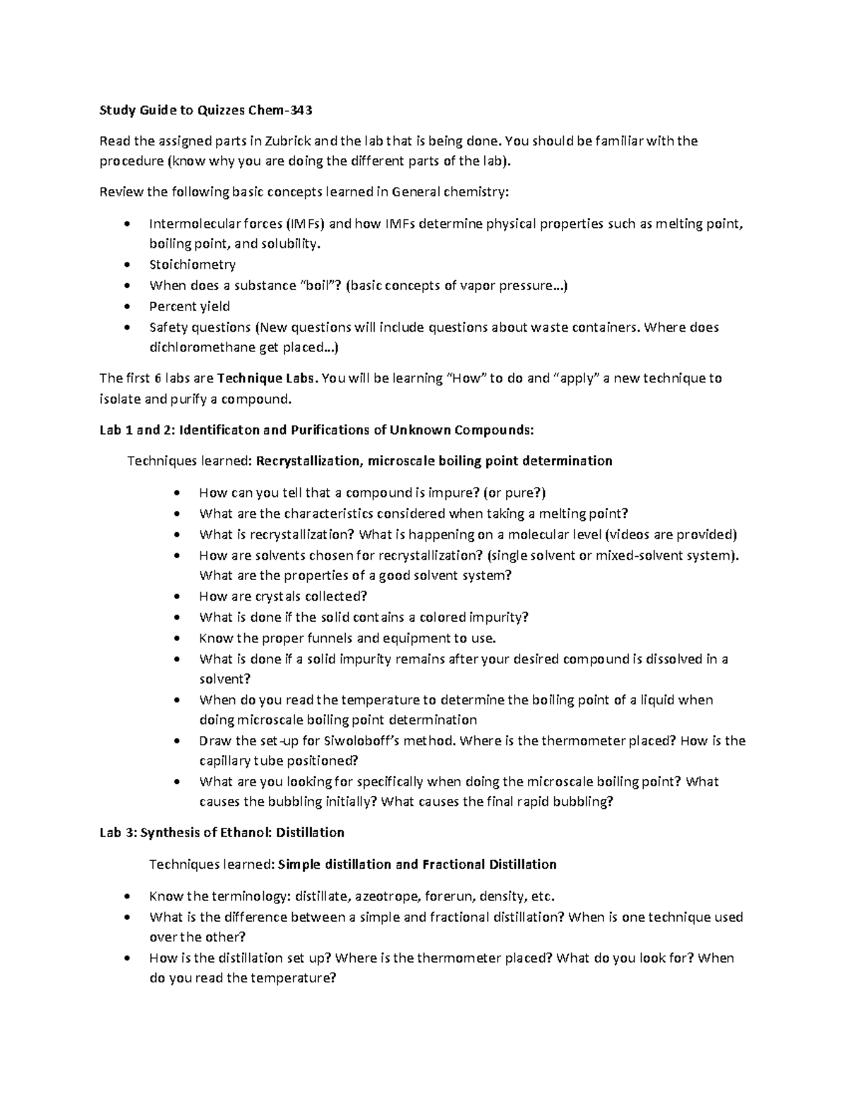 Study Guide Chem343 - Study Guide to Quizzes Chem- Read the assigned ...