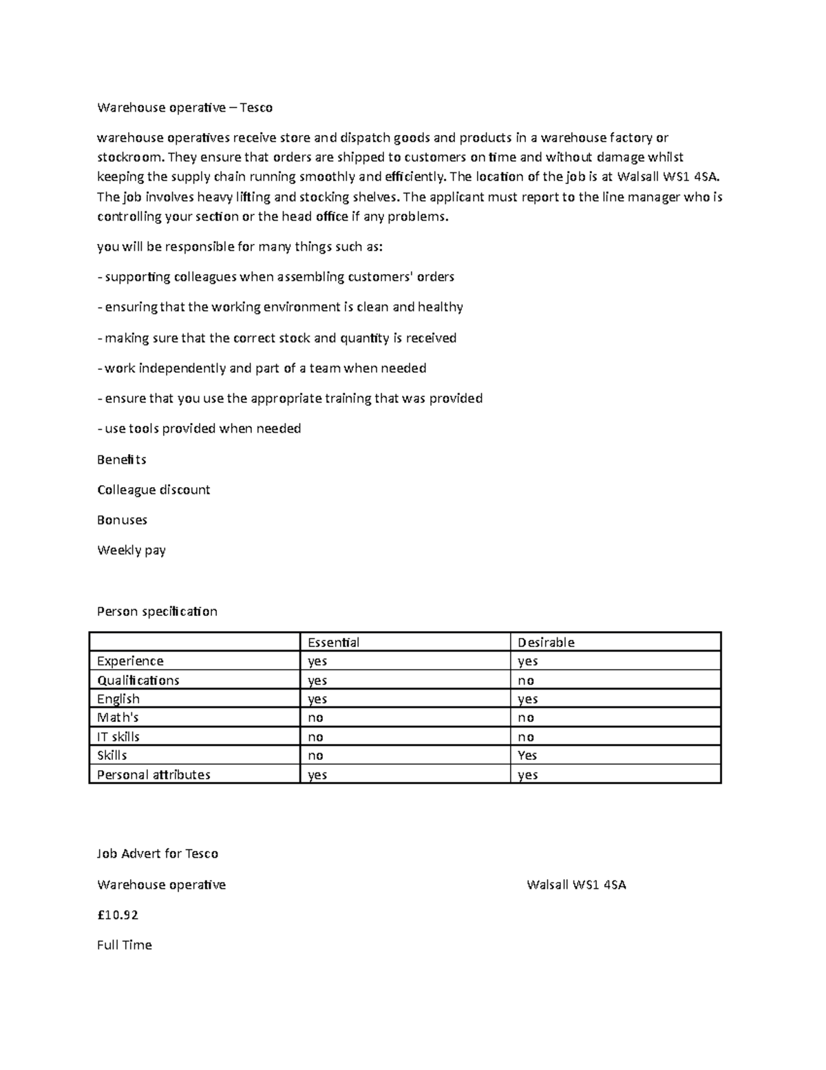 Application form completed - Warehouse operative – Tesco warehouse ...