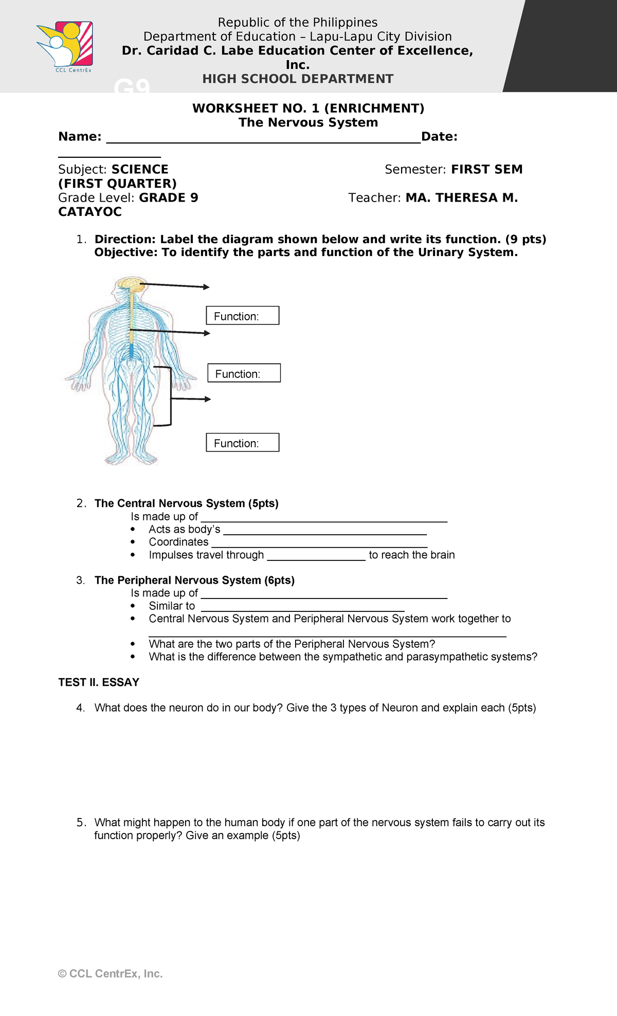 Grade 9 Science Worksheet - Republic of the Philippines Department of ...