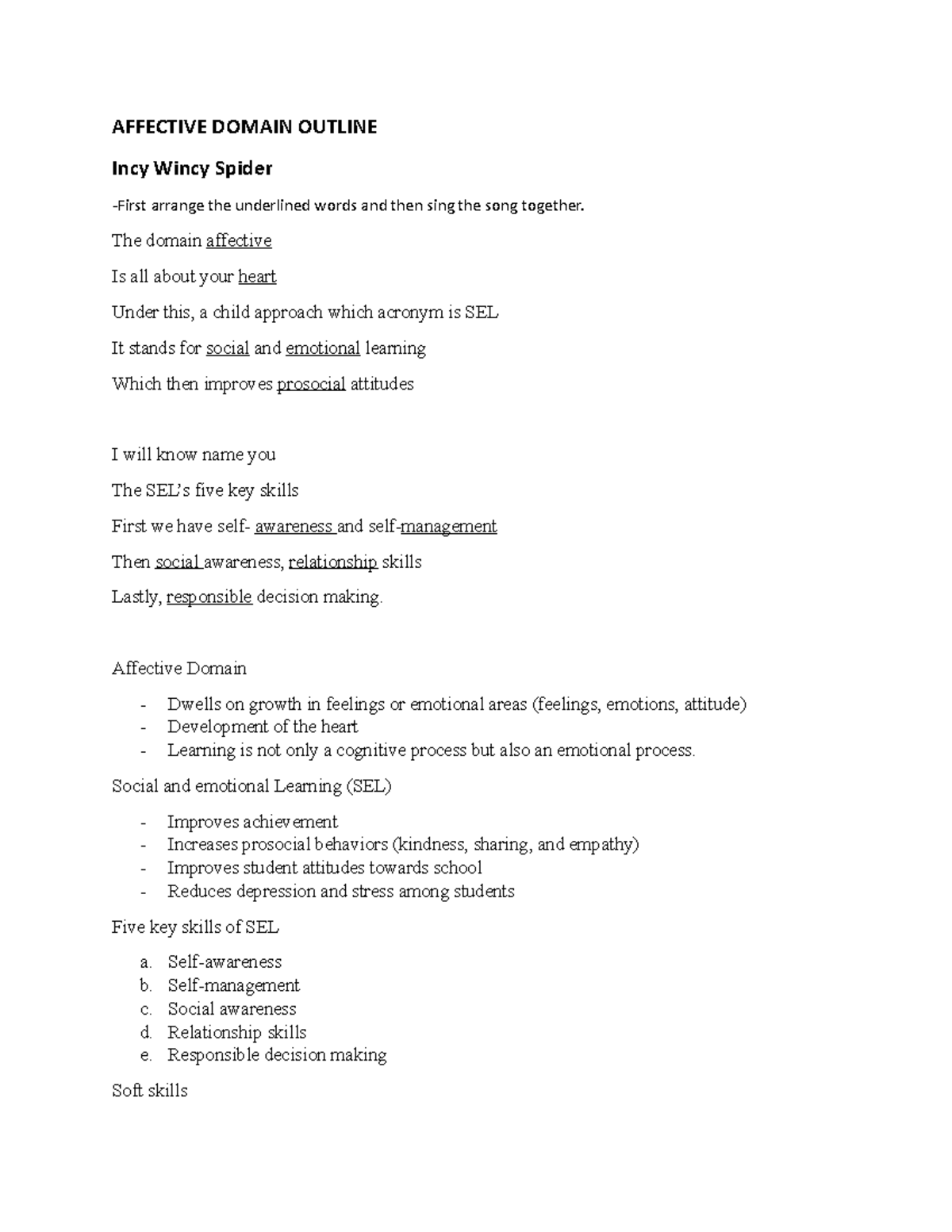 Affective Domain Outline - AFFECTIVE DOMAIN OUTLINE Incy Wincy Spider ...