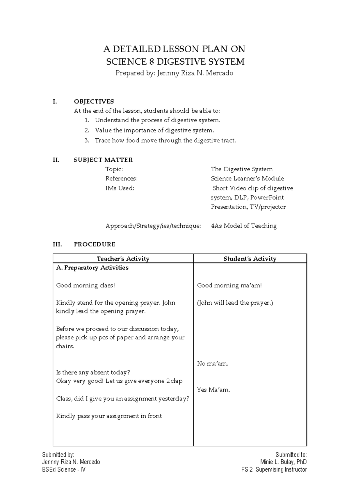 A Deailed Lesson Plan - Submitted by: Submitted to: Jennny Riza N ...