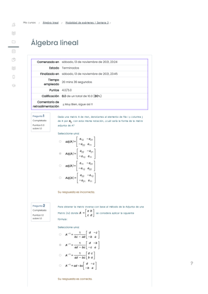 Modalidad de exámenes Semana 4 Revisión del intento - Álgebra lineal Pregunta 1 Completada ...