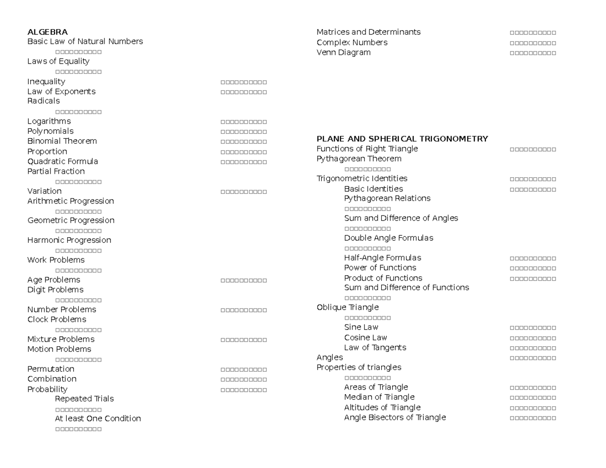 List - list of topics - ALGEBRA Basic Law of Natural Numbers Laws of ...