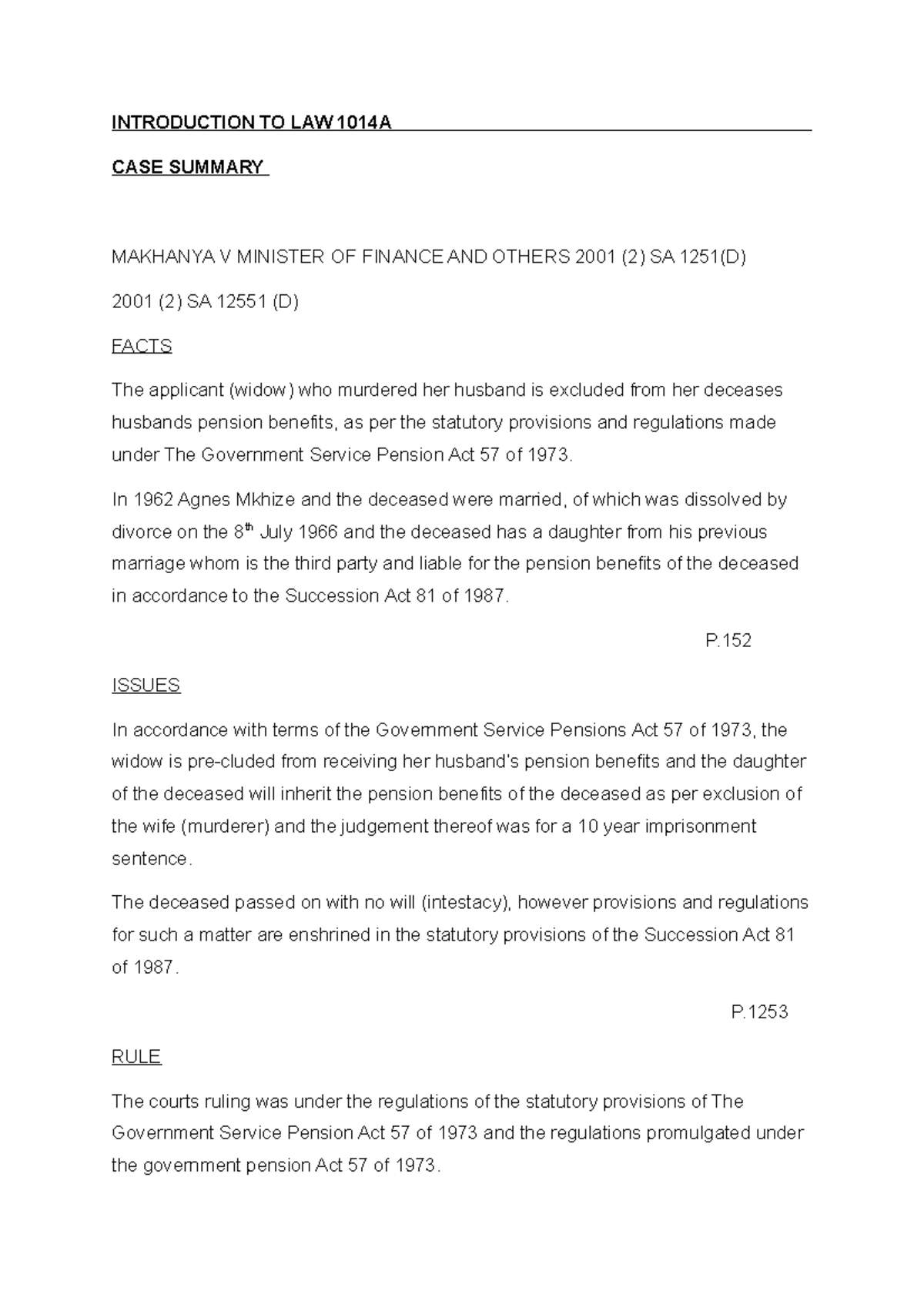 Introduction TO LAW 1014A case summary 22 - INTRODUCTION TO LAW 1014A ...