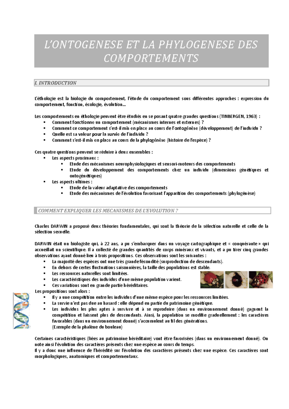 I - Ontogénèse et phylogénèse des comportements - L’ONTOGENESE ET LA ...