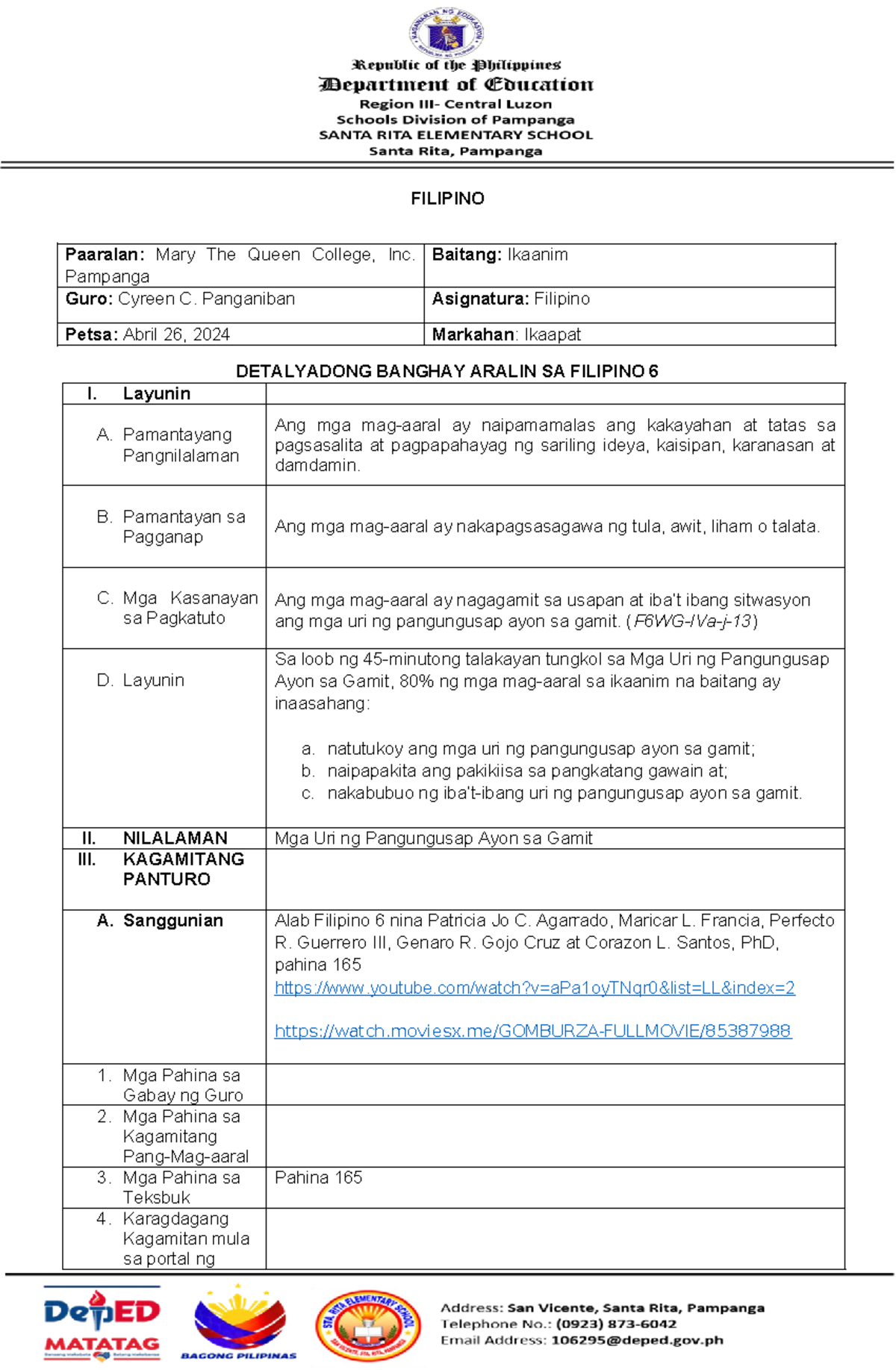 Detalyadong Banghay Aralin Grade 6 - FILIPINO DETALYADONG BANGHAY ...