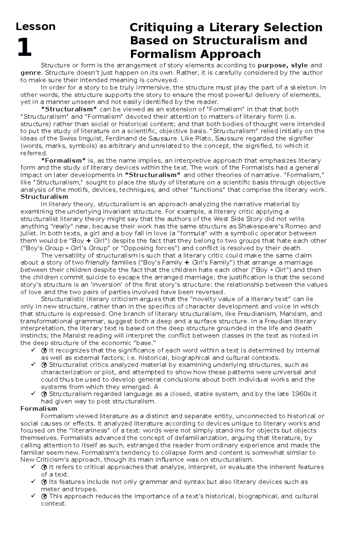 Structuralist-and-Formalist - Lesson 1 Critiquing a Literary Selection ...