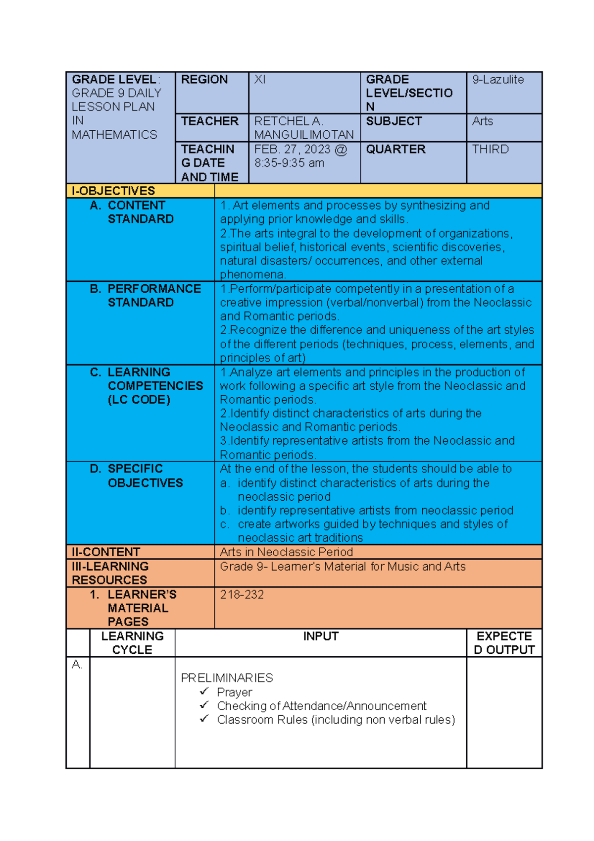 1. Neoclassic Period - Lesson plan - GRADE LEVEL: GRADE 9 DAILY LESSON ...