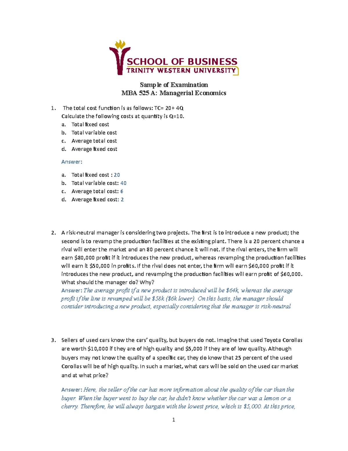 Key for Sample of MBA 525 A exam - SCHOOL OF BUSINESSSCHOOL OF BUSINESS ...