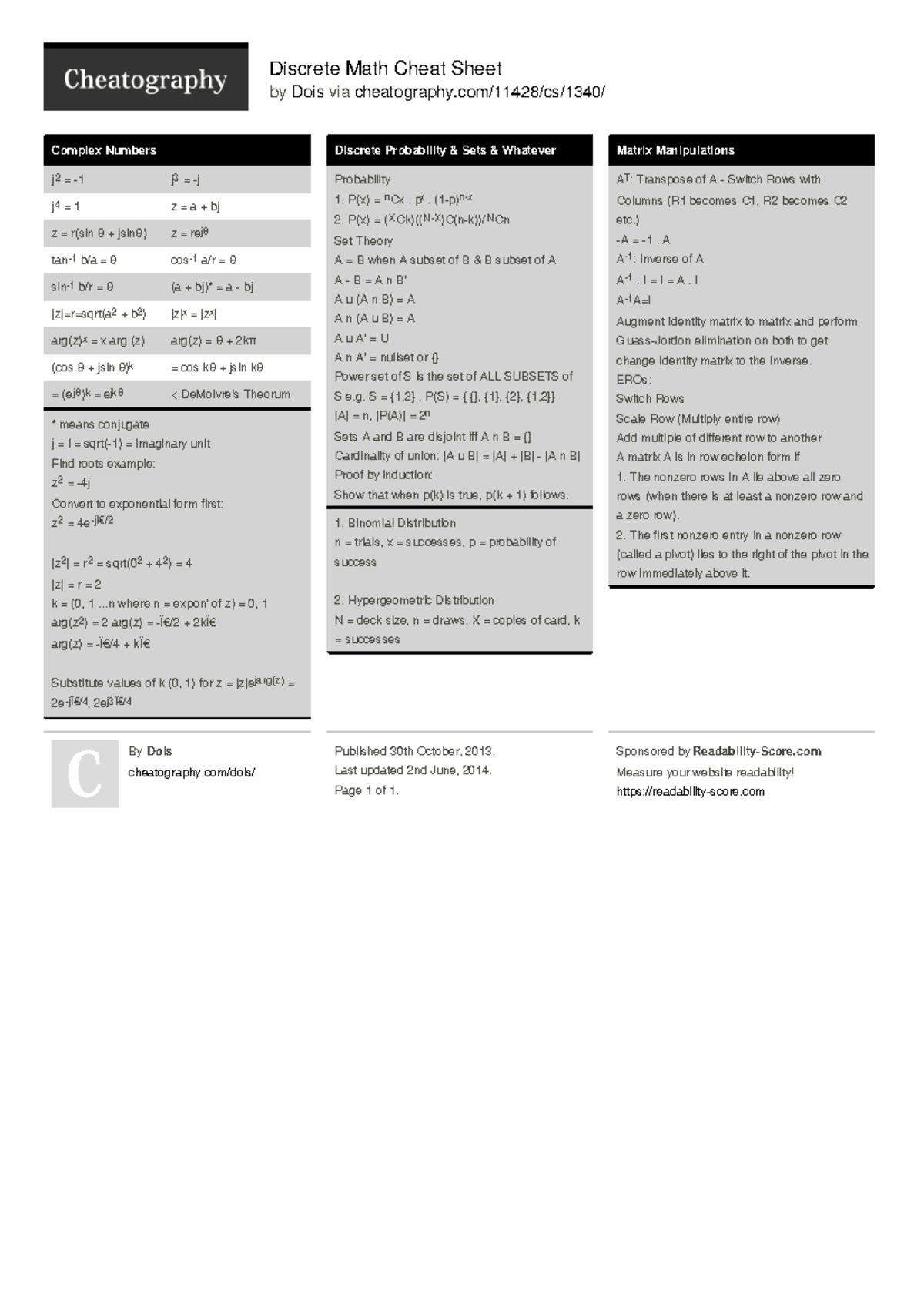 Dois discrete-math - Discrete Math Cheat Sheet by Dois via cheatography/11428/cs/1340/ Complex ...