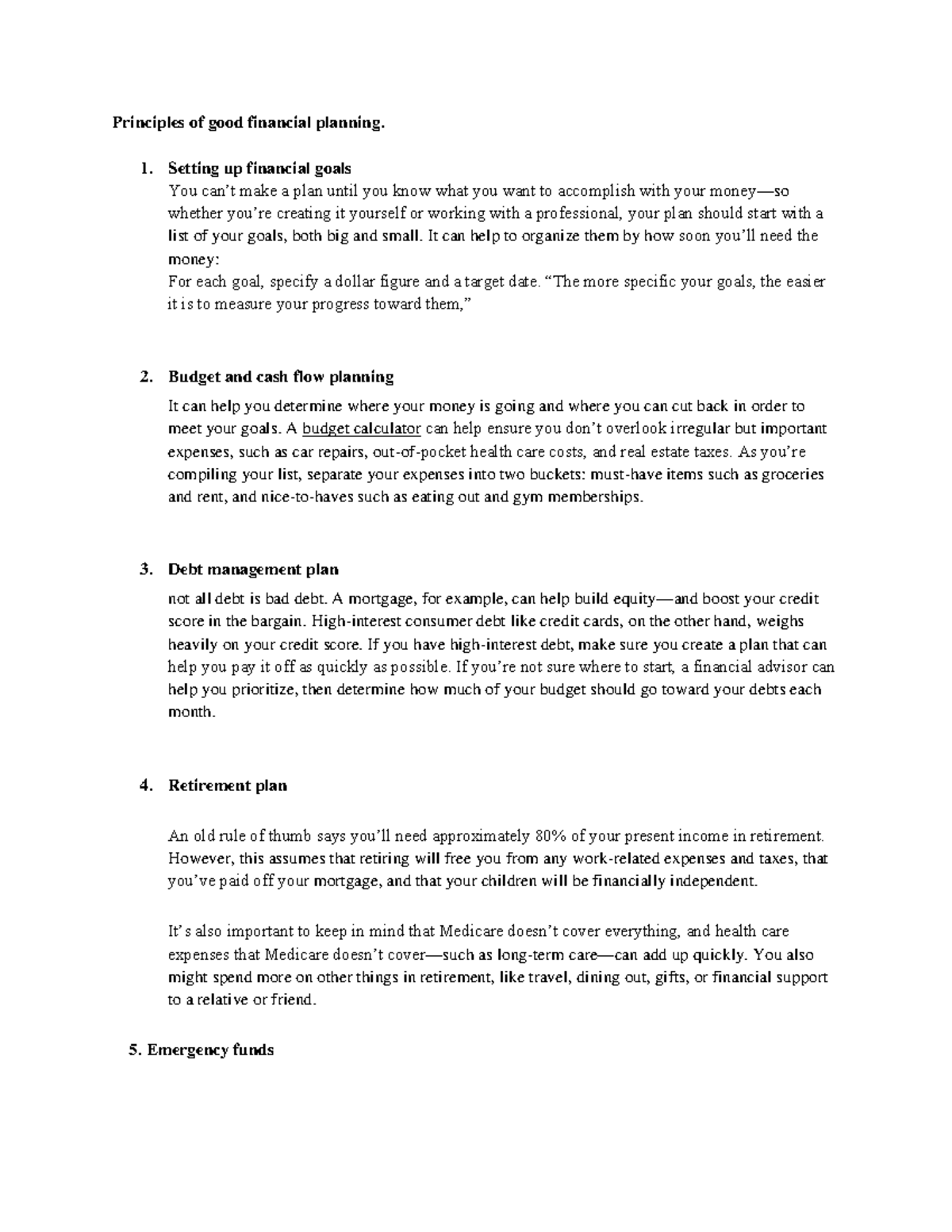 Financial literacy notes - Principles of good financial planning ...