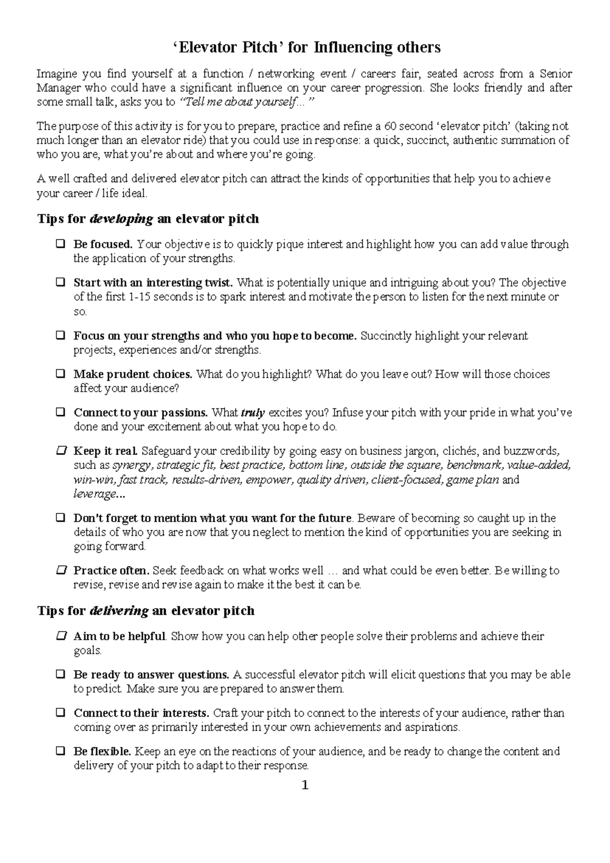 Elevator Pitch worksheet - ‘Elevator Pitch’ for Influencing others ...