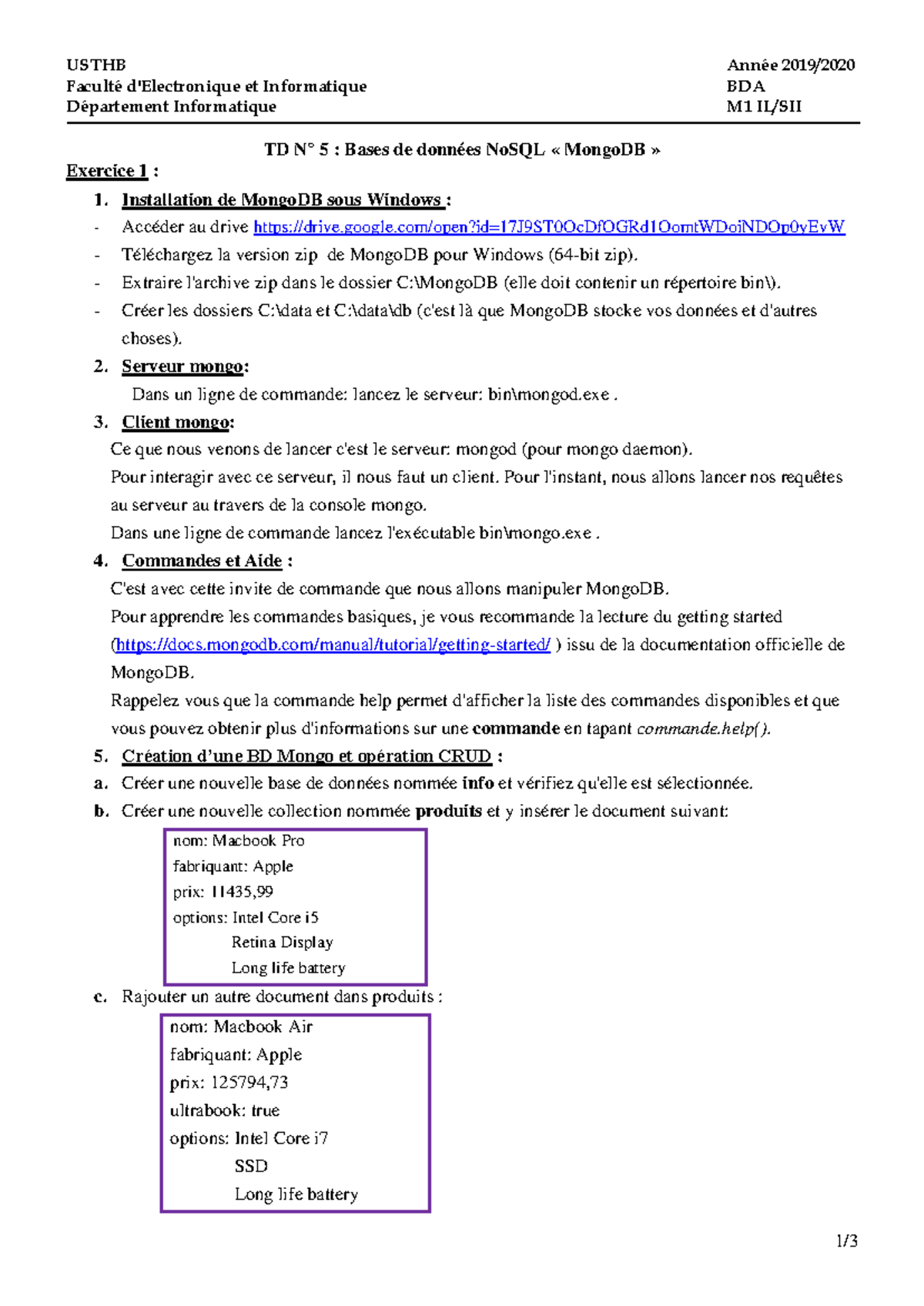 TP No SQL Mongo DB - exercice - USTHB Année 2019/ Faculté d ...