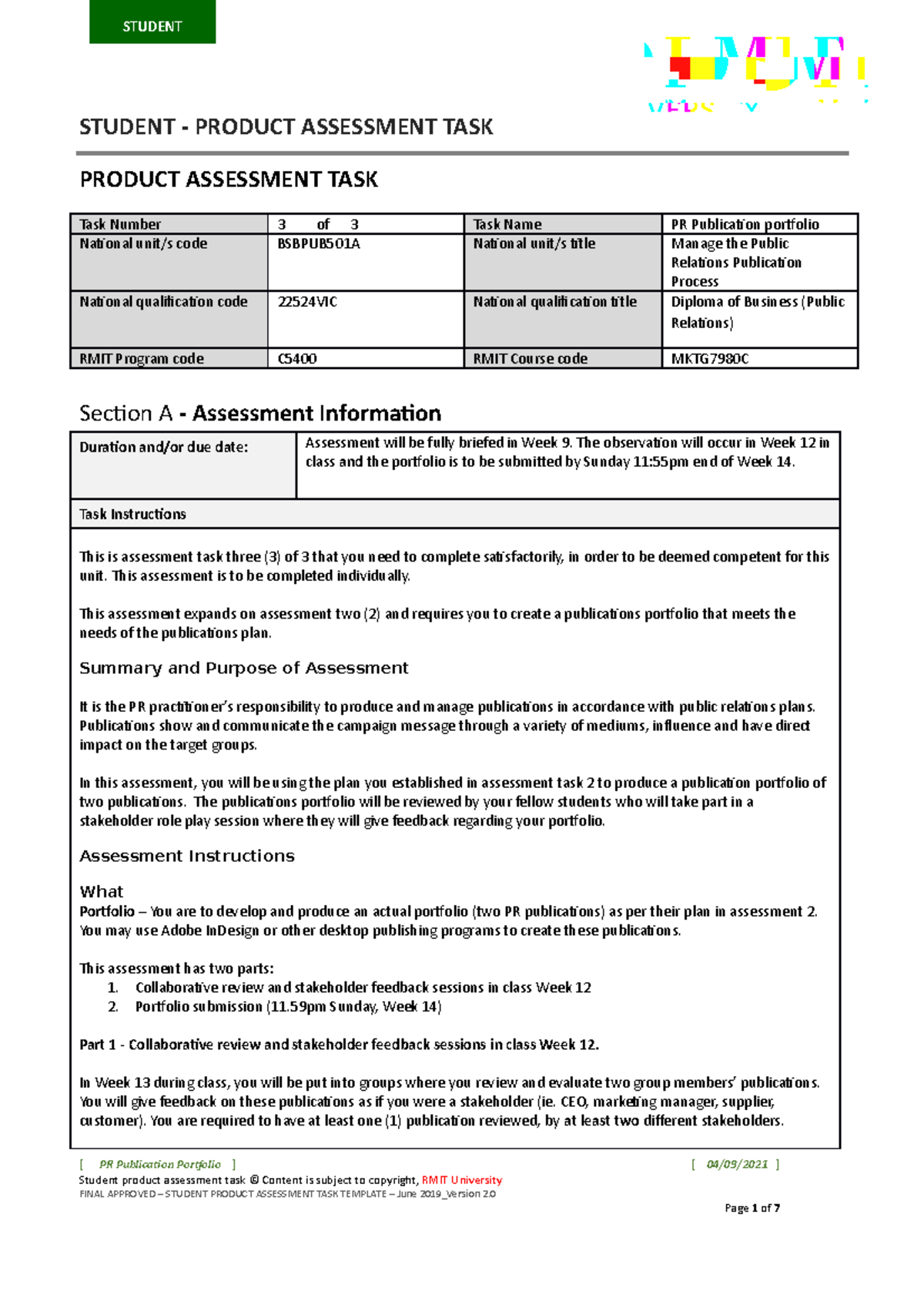 PR Publication portfolio Bsbpub 501A Task3 Student - STUDENT - PRODUCT ASSESSMENT TASK PRODUCT ...