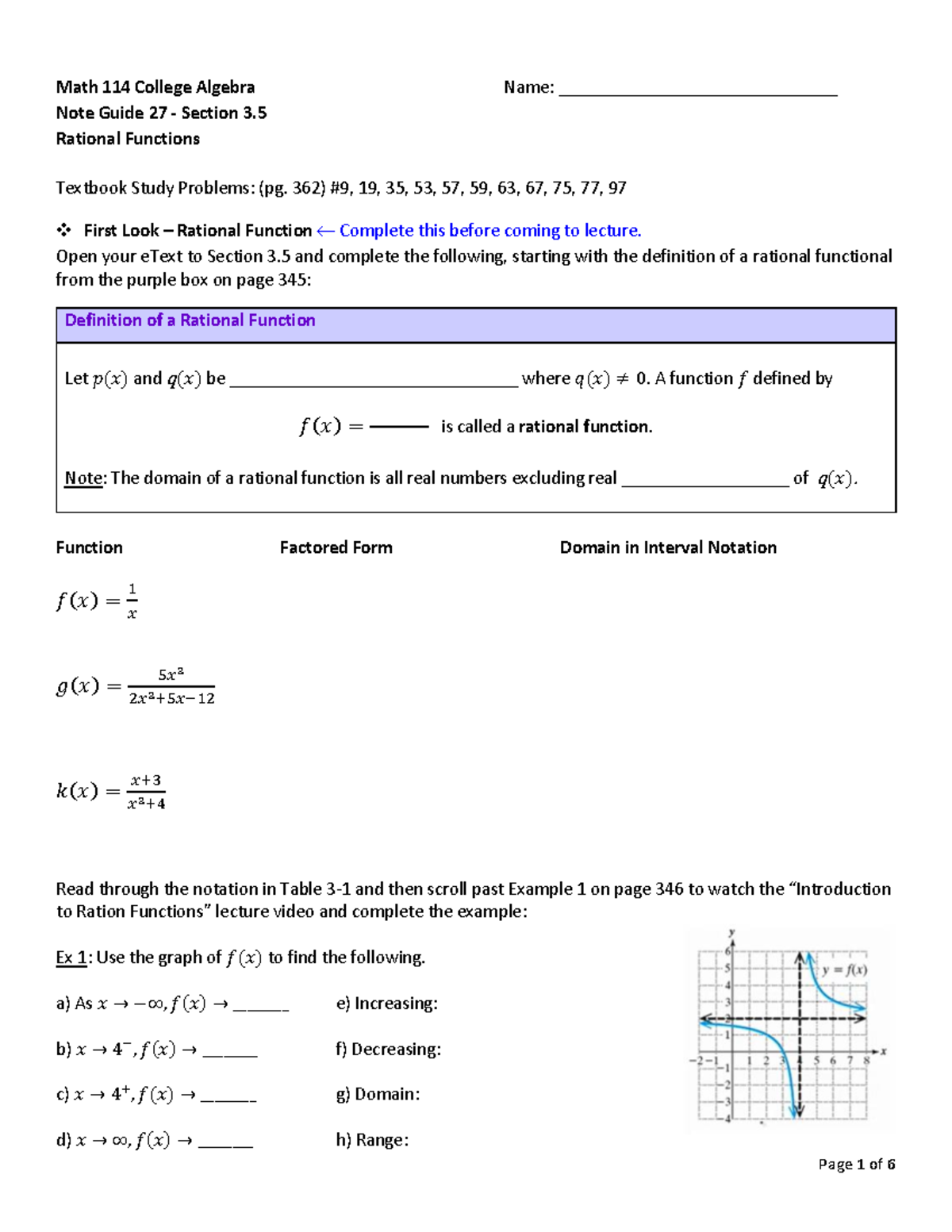Rational Functions - Math 114 College Algebra Name ...