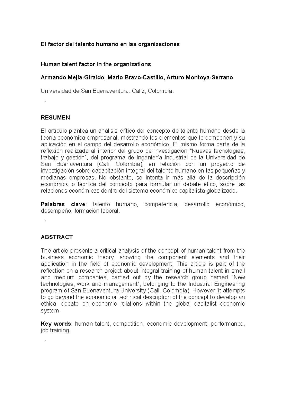 El factor del talento humano en las organizaciones - Caliz, Colombia. RESUMEN El artículo ...