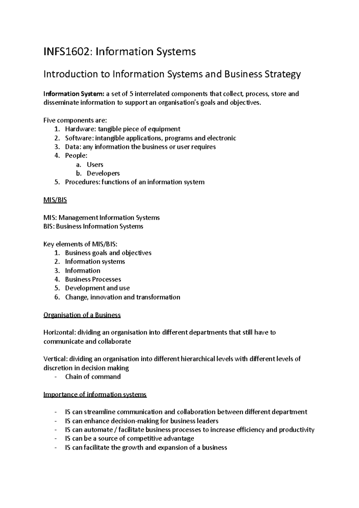 INFS1602 Lecture Notes - INFS1602: Information Systems Introduction to ...