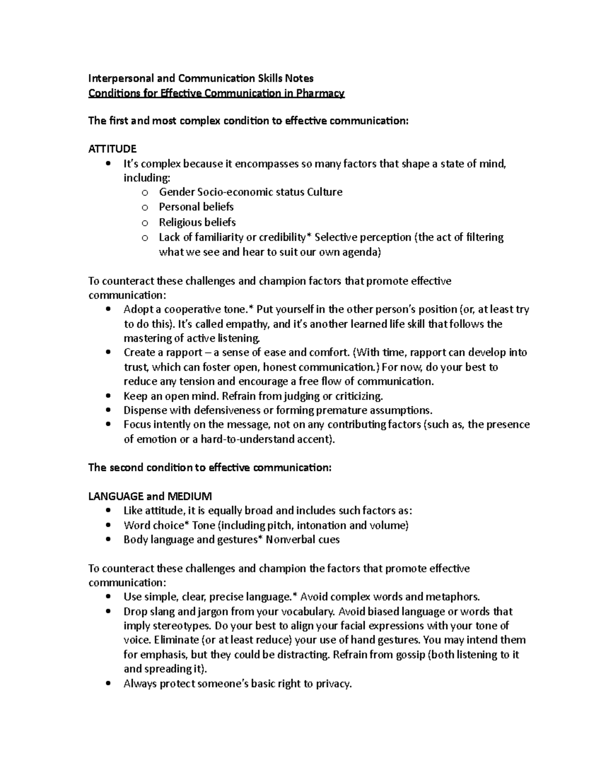 HCP 132 Notes - Conditions for Effective Communication in Pharmacy ...