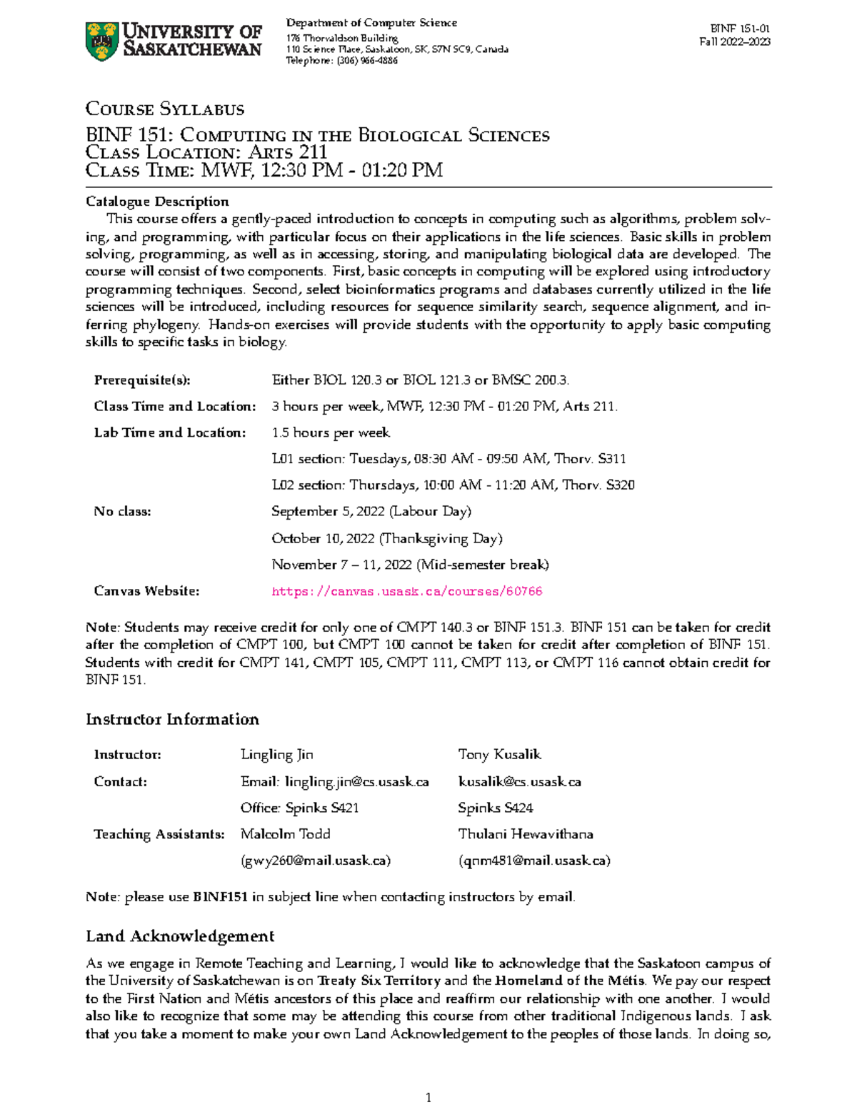151syllabus - Syllabus for BINF 151. - 176 Thorvaldson Building 110 ...