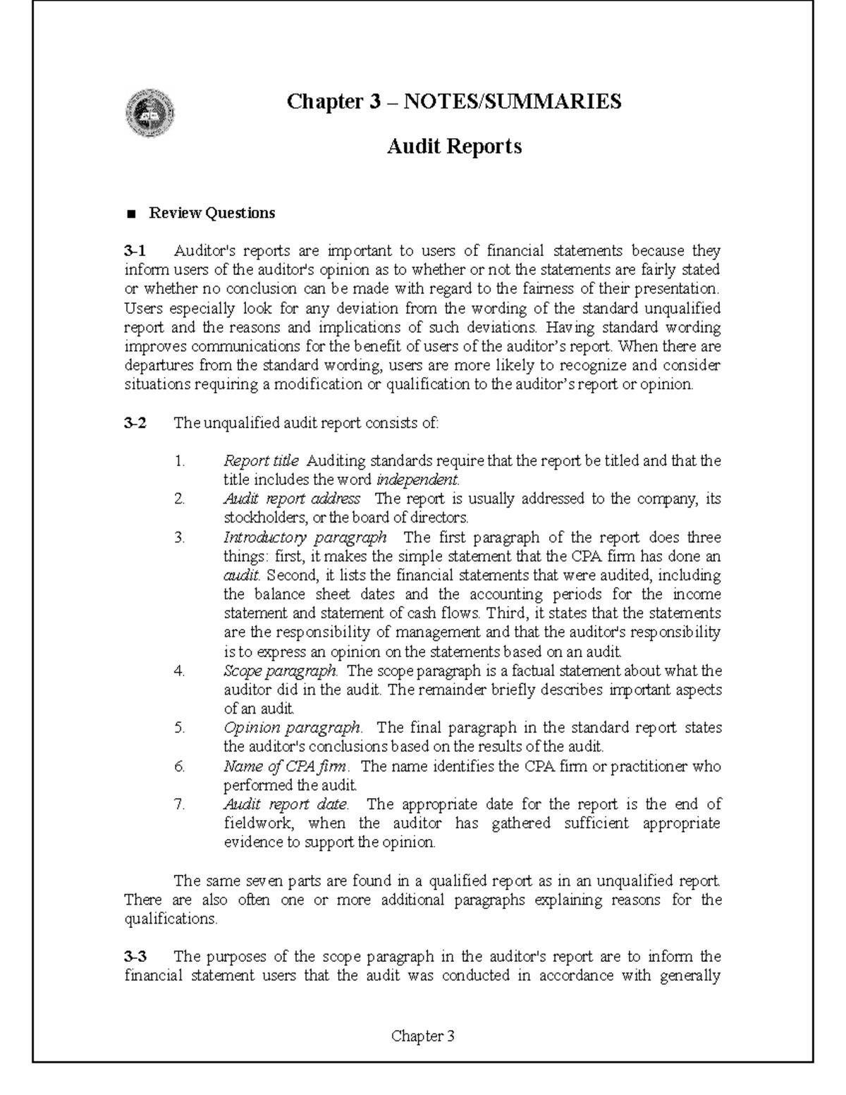 Audit Reports - Chapter 3 – NOTES/SUMMARIES Audit Reports Review ...