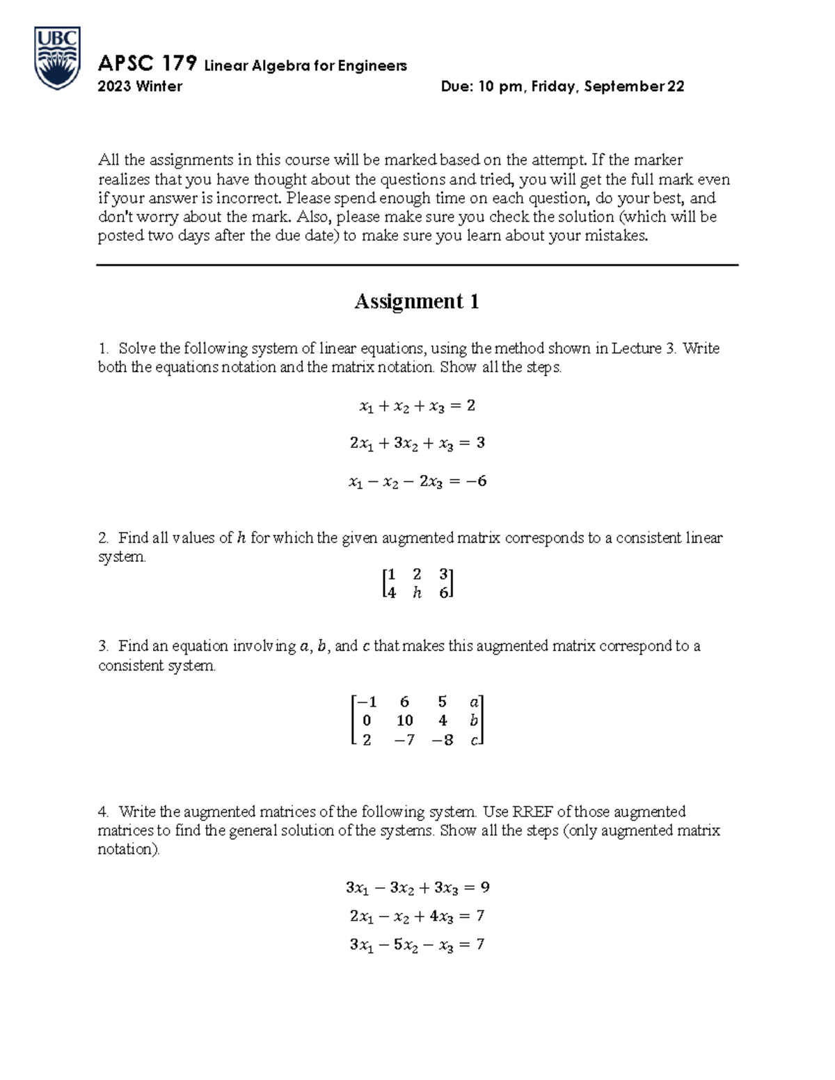 Linear algebra assignment #1 - APSC 179 Linear Algebra for Engineers ...