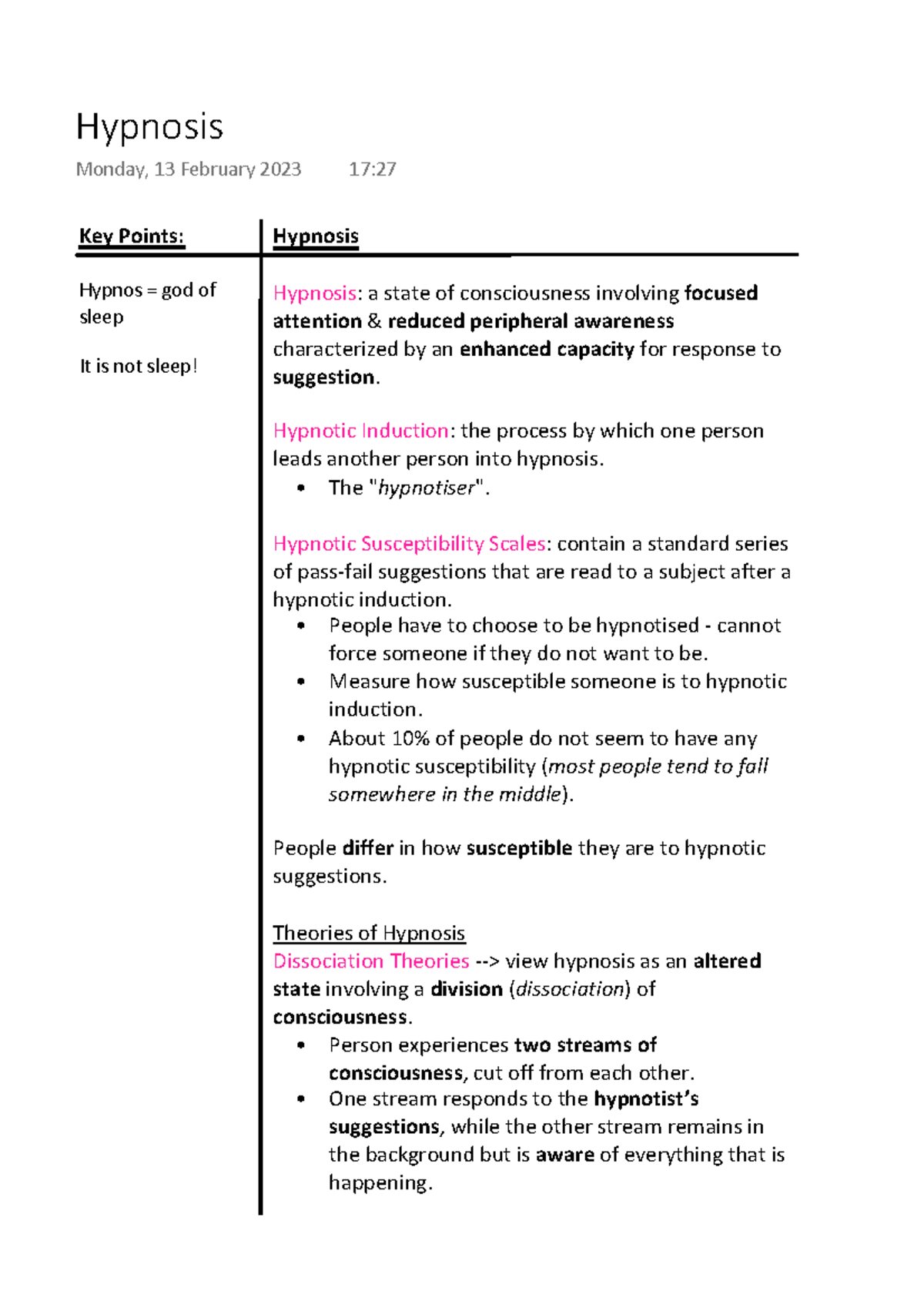 Hypnosis - Mind and Behaviour: Psychology Year 1 - Hypnosis Hypnosis: a ...