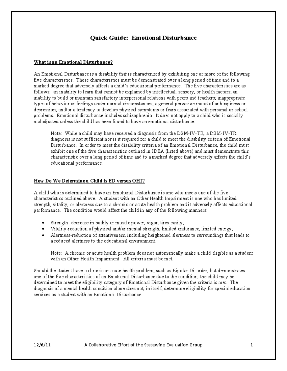 Emotional Disturbance Quick Guide - Quick Guide: Emotional Disturbance ...