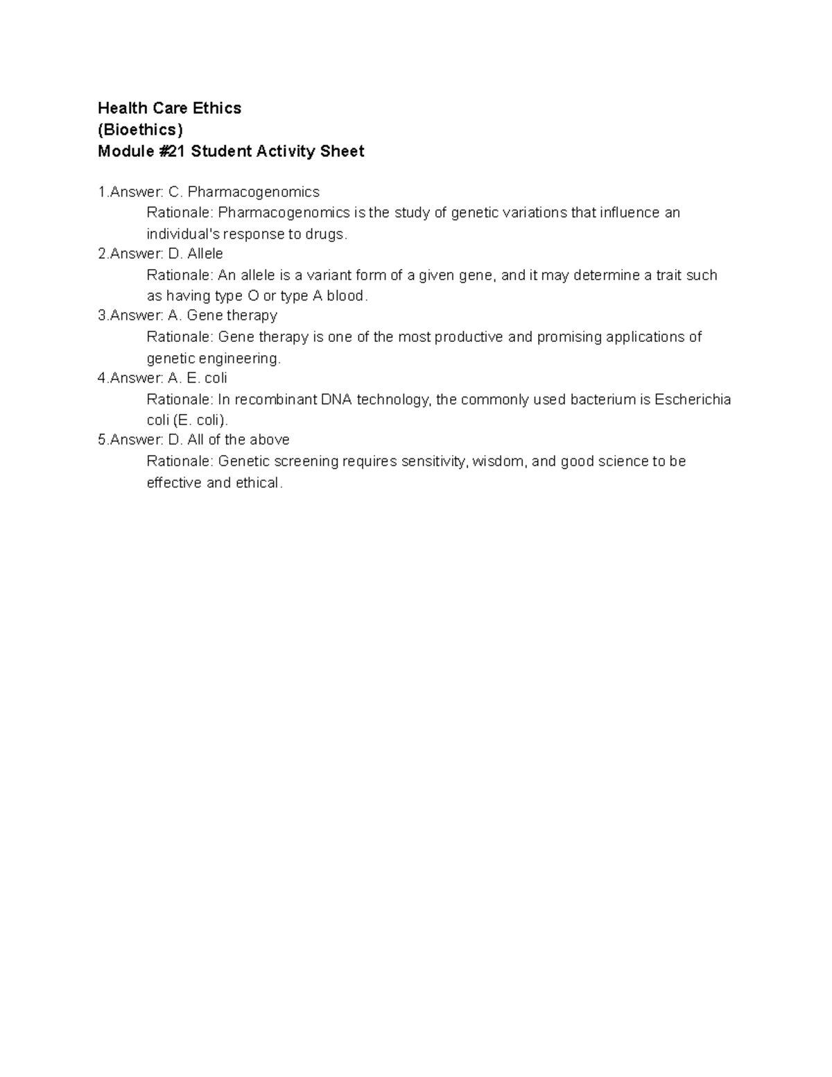 BIOETHICS SAS 21 - Health Care Ethics (Bioethics) Module #21 Student ...