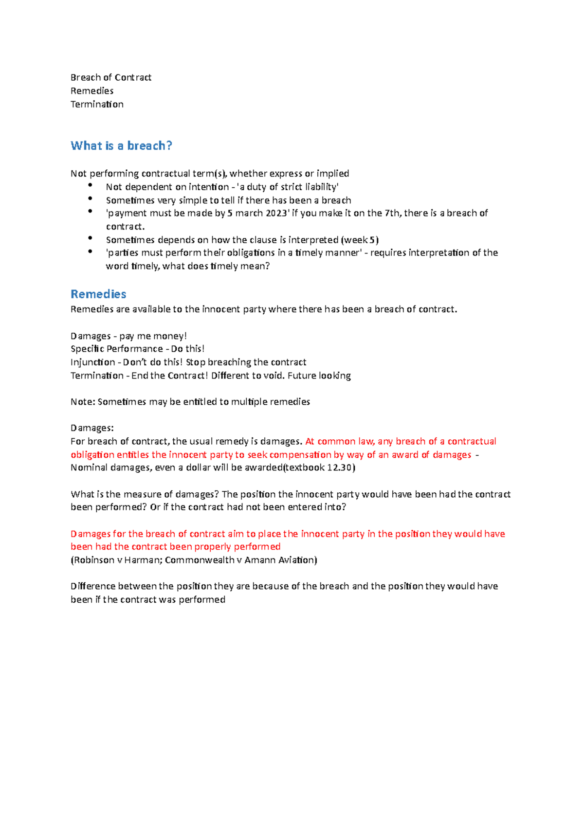 Termination and Breach Remedies - Breach of Contract Remedies ...