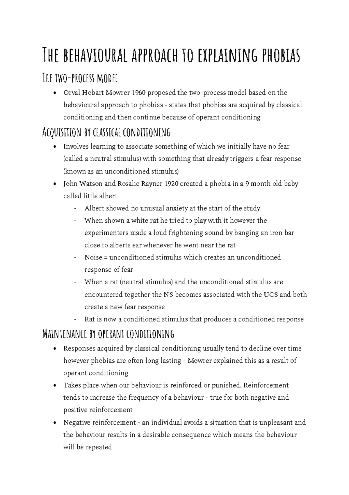Behavioural approach to explaining phobias psychopathology - The ...