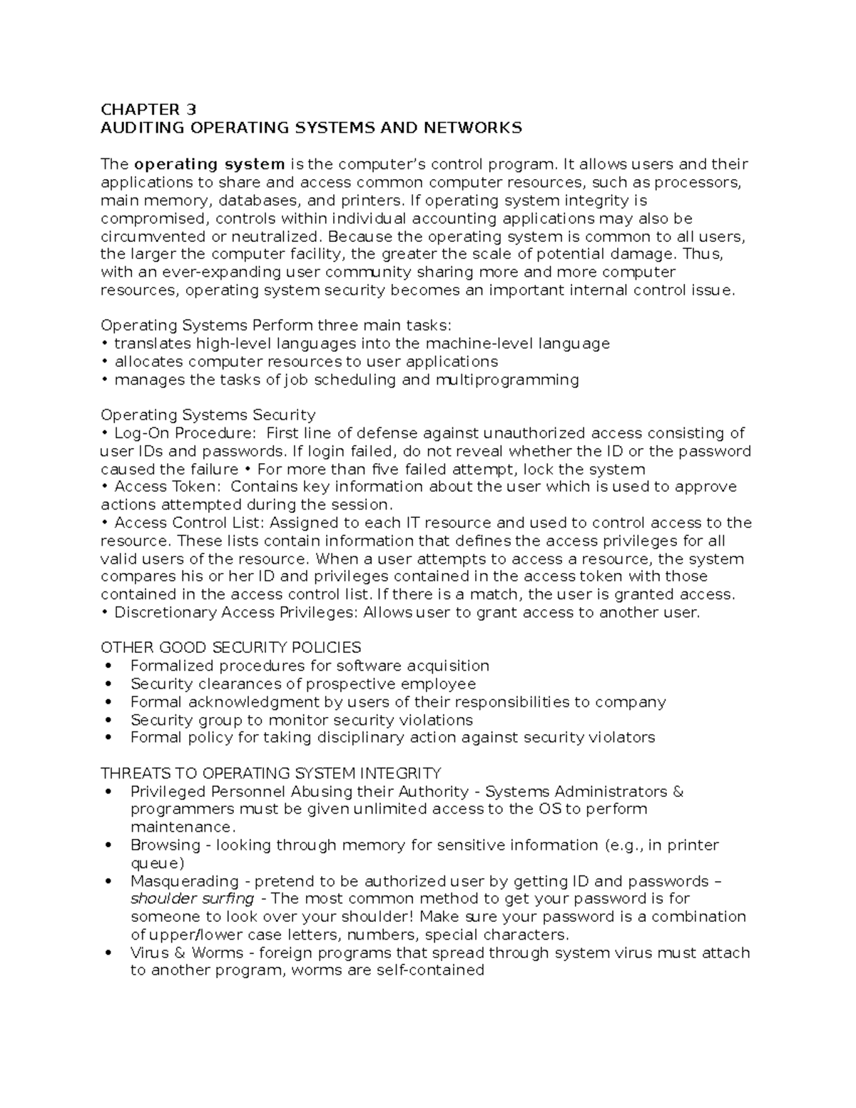 Chapter-3-Summary - Reviewer - CHAPTER 3 AUDITING OPERATING SYSTEMS AND NETWORKS The operating ...