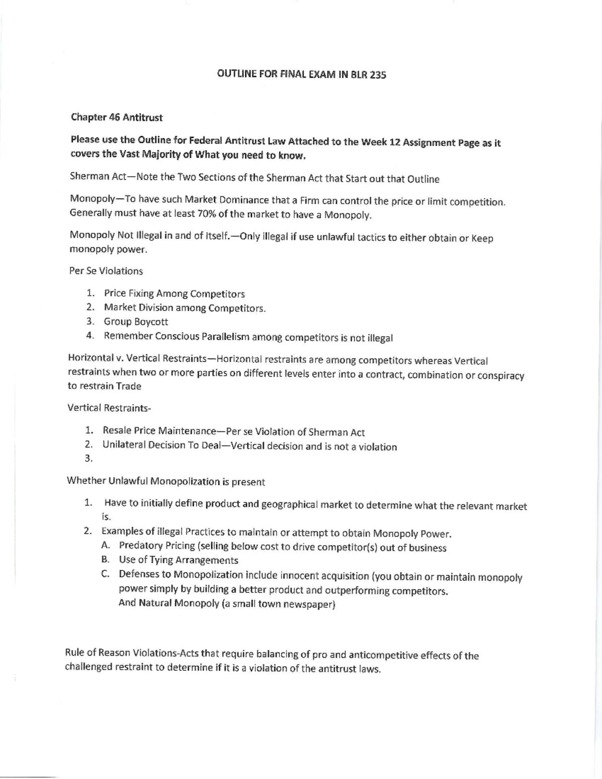 Outline For Final Exam in BLR 235 - OUTLINE FOR FINAL EXAM IN BLR 235 ...