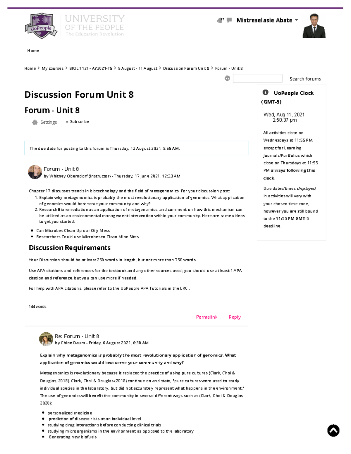 BIOL 1121 - AY2021-T5 Forum - Unit 8 - Home Discussion Forum Unit 8 ...