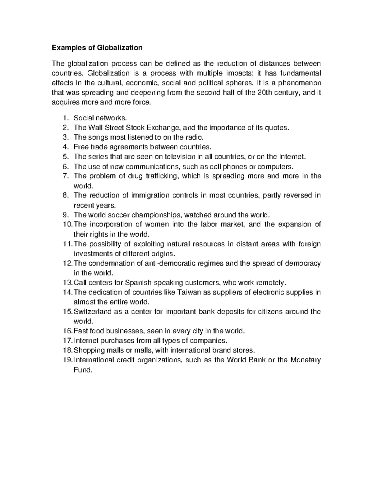 Word - Tarea de inglés - Examples of Globalization The globalization ...