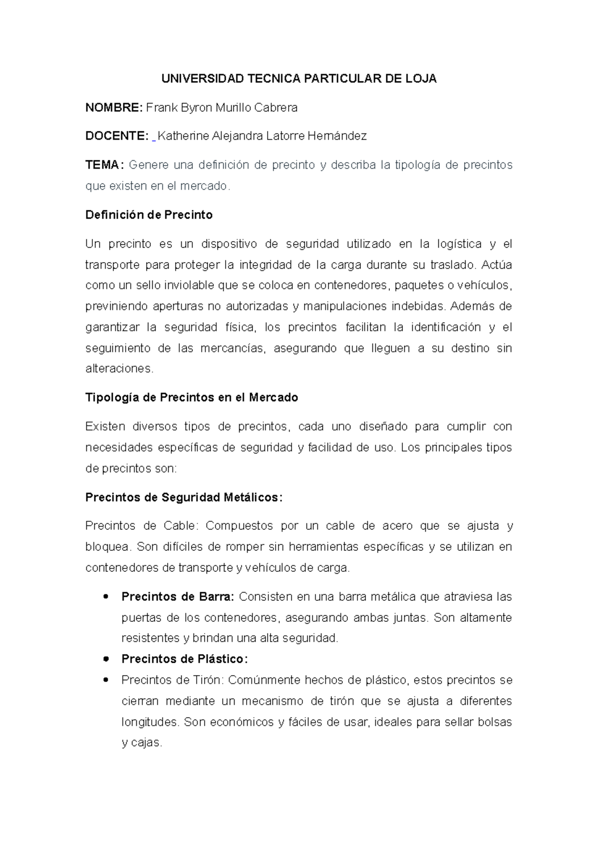 Definición de Precinto - UNIVERSIDAD TECNICA PARTICULAR DE LOJA NOMBRE ...