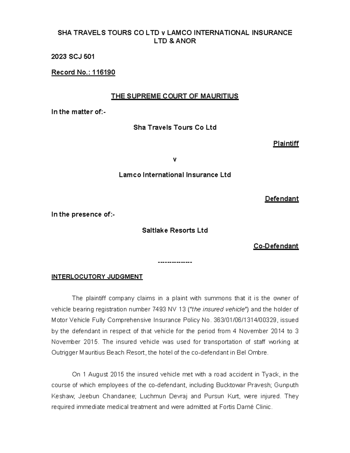 Sha-travels-tours-co-ltd-v-lamco-international-insurance-ltd-anor-2023 ...