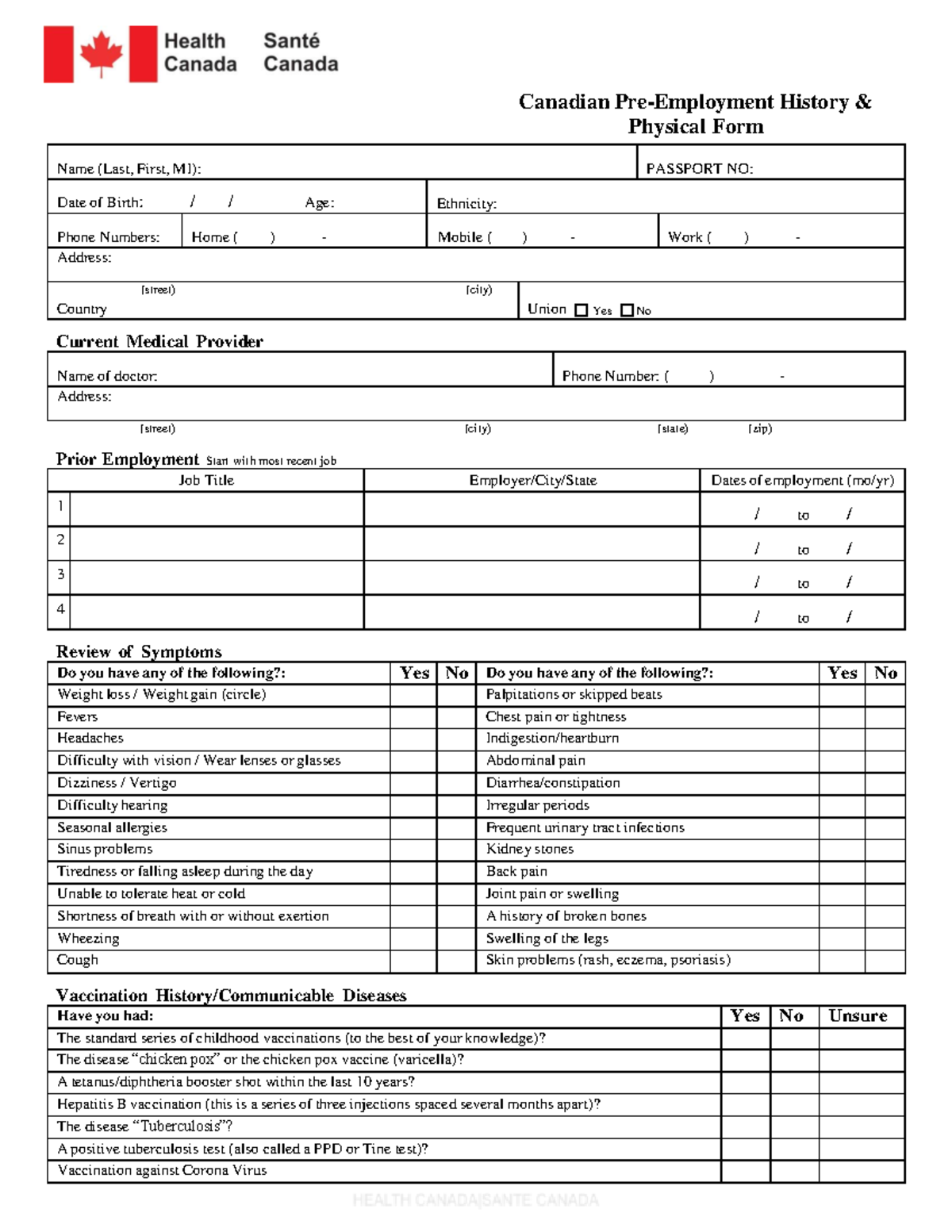 Canada Pre employment medical assessment and insurance fee payment form ...
